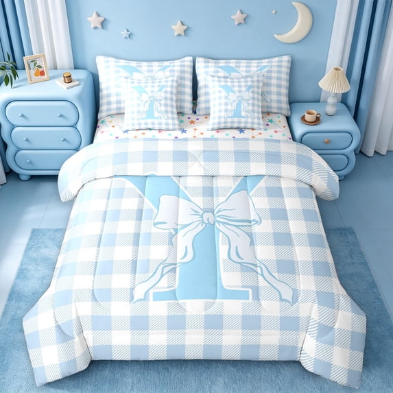 Catabedysis Ribbon Bows Initial Y 7 Pieces Full Size Bedding Sets,Blue ...