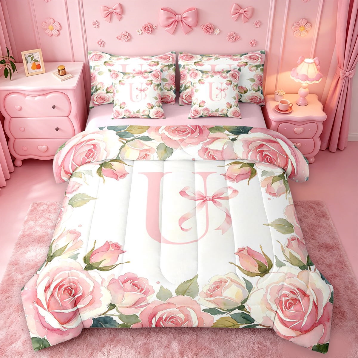 Catabedysis Romantic Flowers Blossom 7-Piece King Bedding,Pink Bows ...