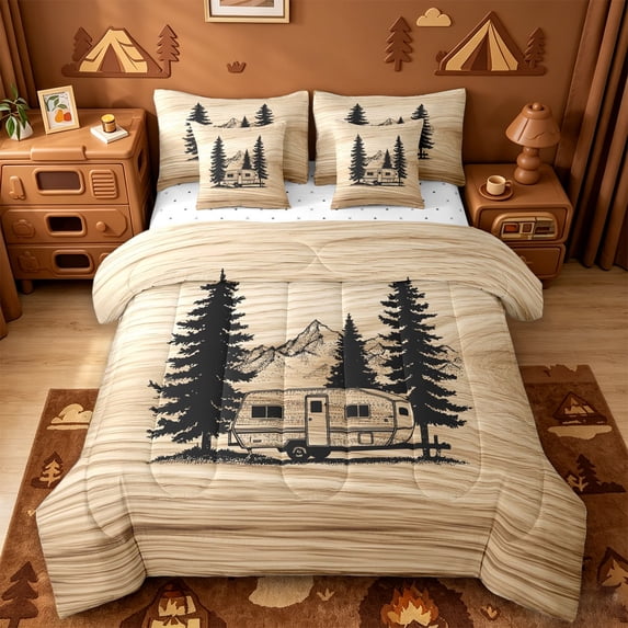 Catabedysis Rustic Camping 7-Piece Twin Bedding,Camper Silhouette Print ...
