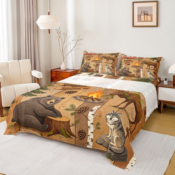 Catabedysis Rustic Camping Adventure Bed Sheets,Jungle Bear Deer Wolf ...