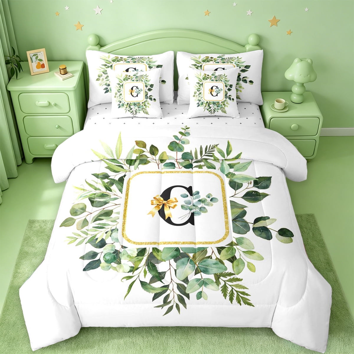 Catabedysis Rustic Plant Monogram C 7pcs Queen Bedding,Green Tropical ...