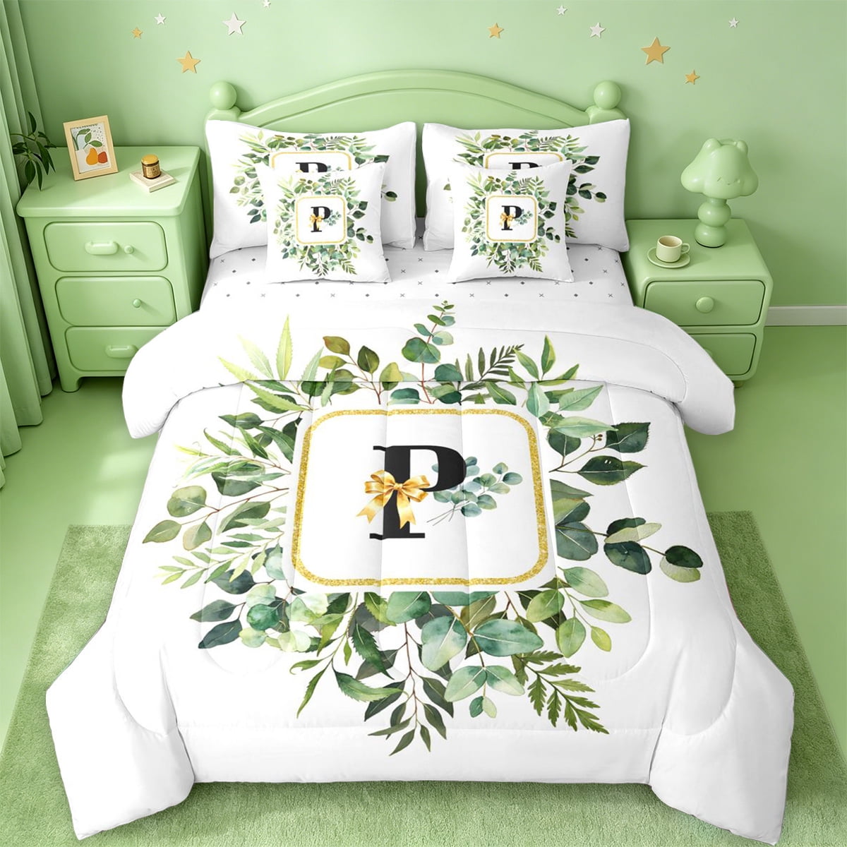 Catabedysis Rustic Plant Monogram P 7pcs Queen Bedding,Green Tropical ...