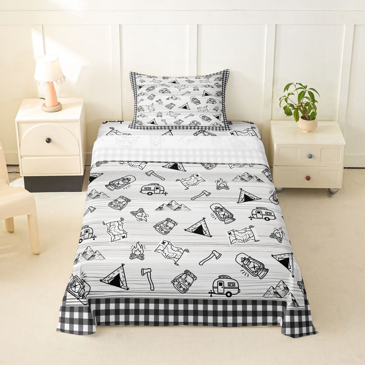 Catabedysis Sketch Camping Twin Sheets,Camper Pattern Print Bedding For ...