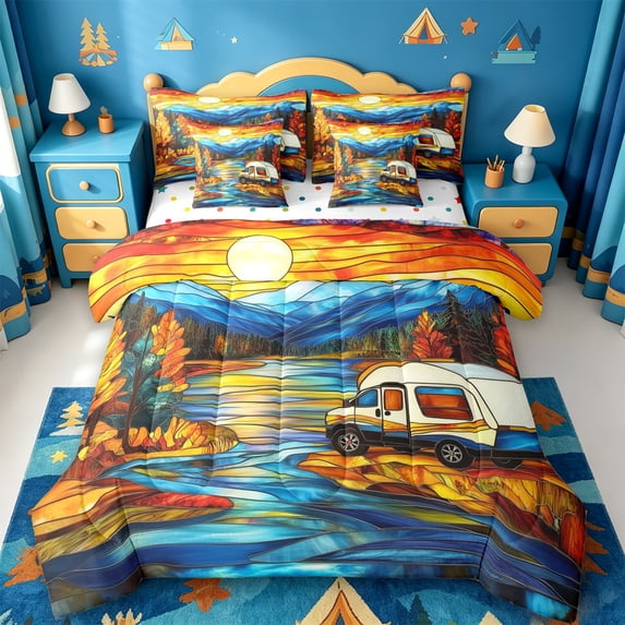 Catabedysis Stained Glass Camping 7-Piece Twin Bedding For Girls,Sunset ...
