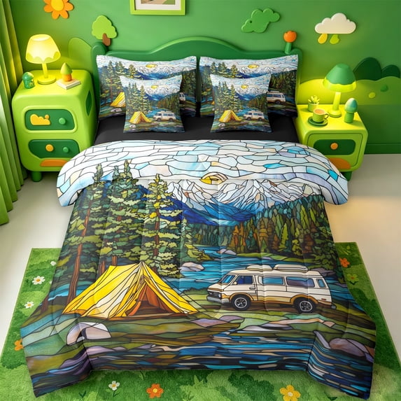 Catabedysis Stained Glass Camping 7-Piece Twin Bedding,Tent Van Print ...