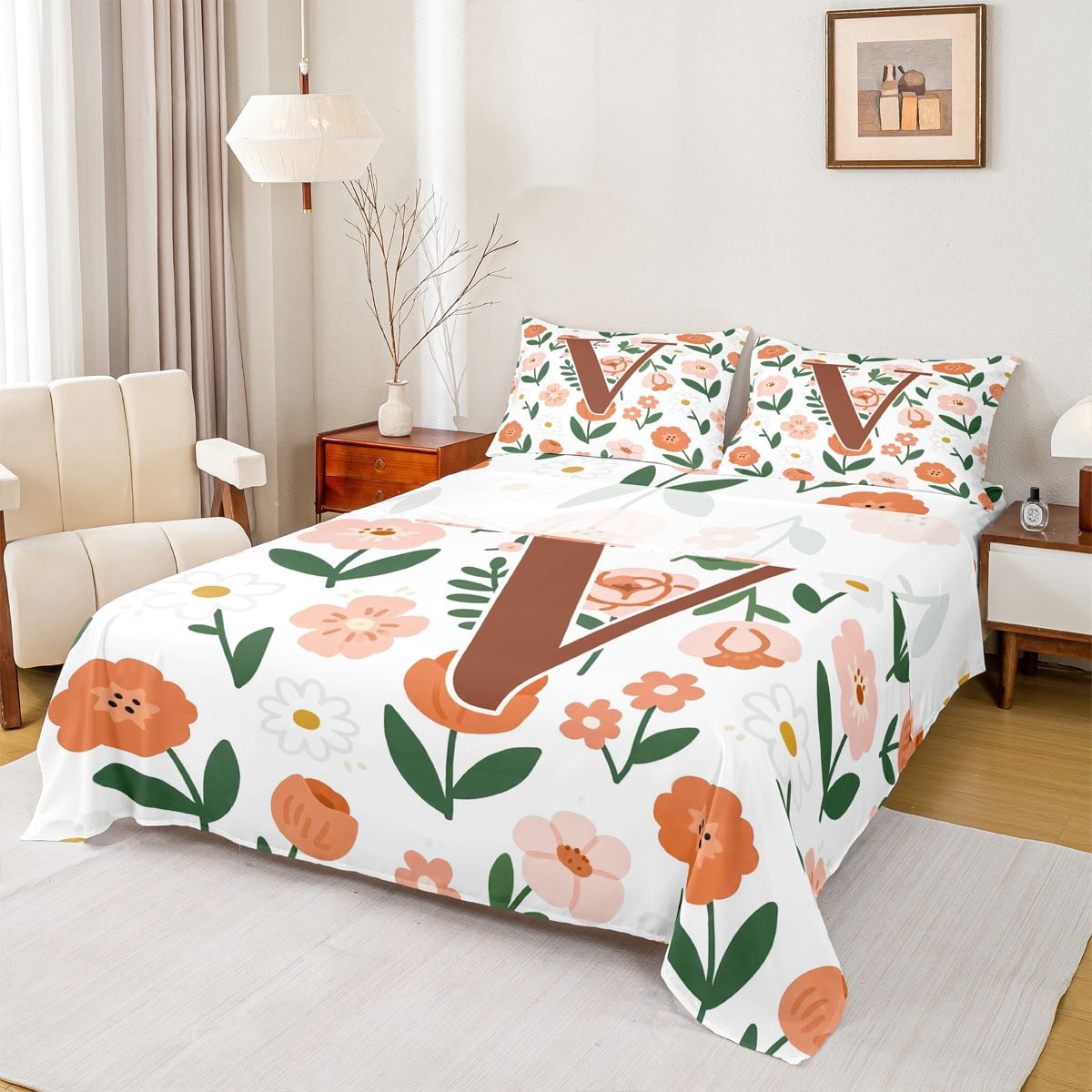 Catabedysis Vintage Alphabet V King Sheets,Flower Pattern Bedding For ...