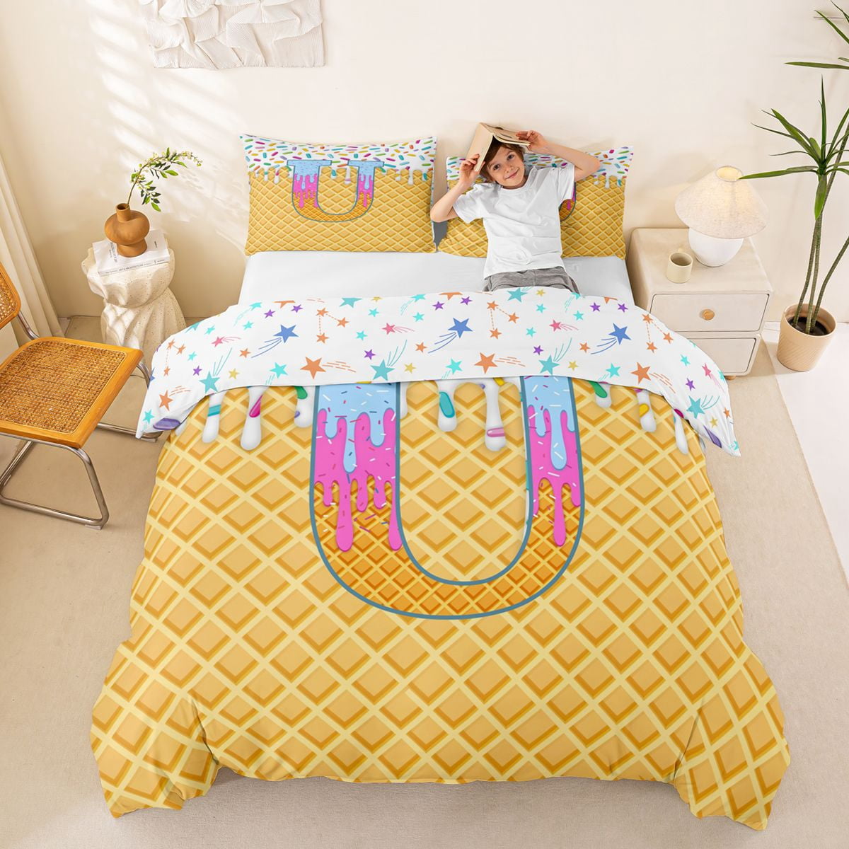 Catabedysis Waffle Print Bedding For Boys,Watercolor Drip Initial U ...