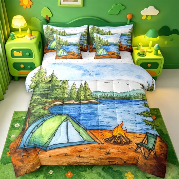 Catabedysis Watercolor Camping 7-Piece Twin Bedding,Lake Tent Print ...