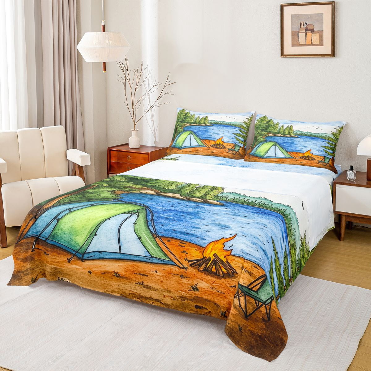 Catabedysis Watercolor Camping Bed Sheets,Lake Tent Print Full Size ...