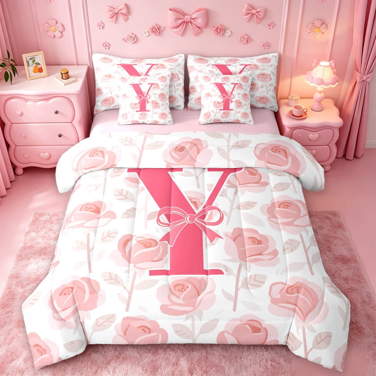 Catabedysis Watercolor Rose Initial Y 7-Piece King Bedding,Pink ABC ...