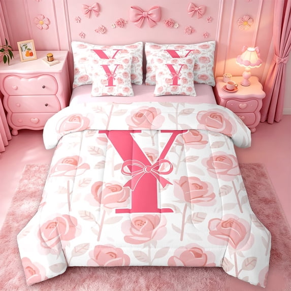Catabedysis Watercolor Rose Initial Y 7-Piece King Bedding,Pink ABC ...