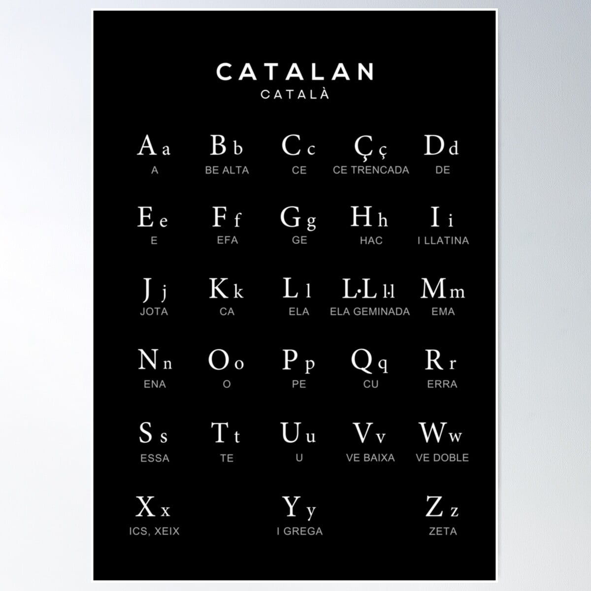 Catalan Alphabet Language Learning Chart - Black Poster Wall Art, Modern Wall Decor For Living ...