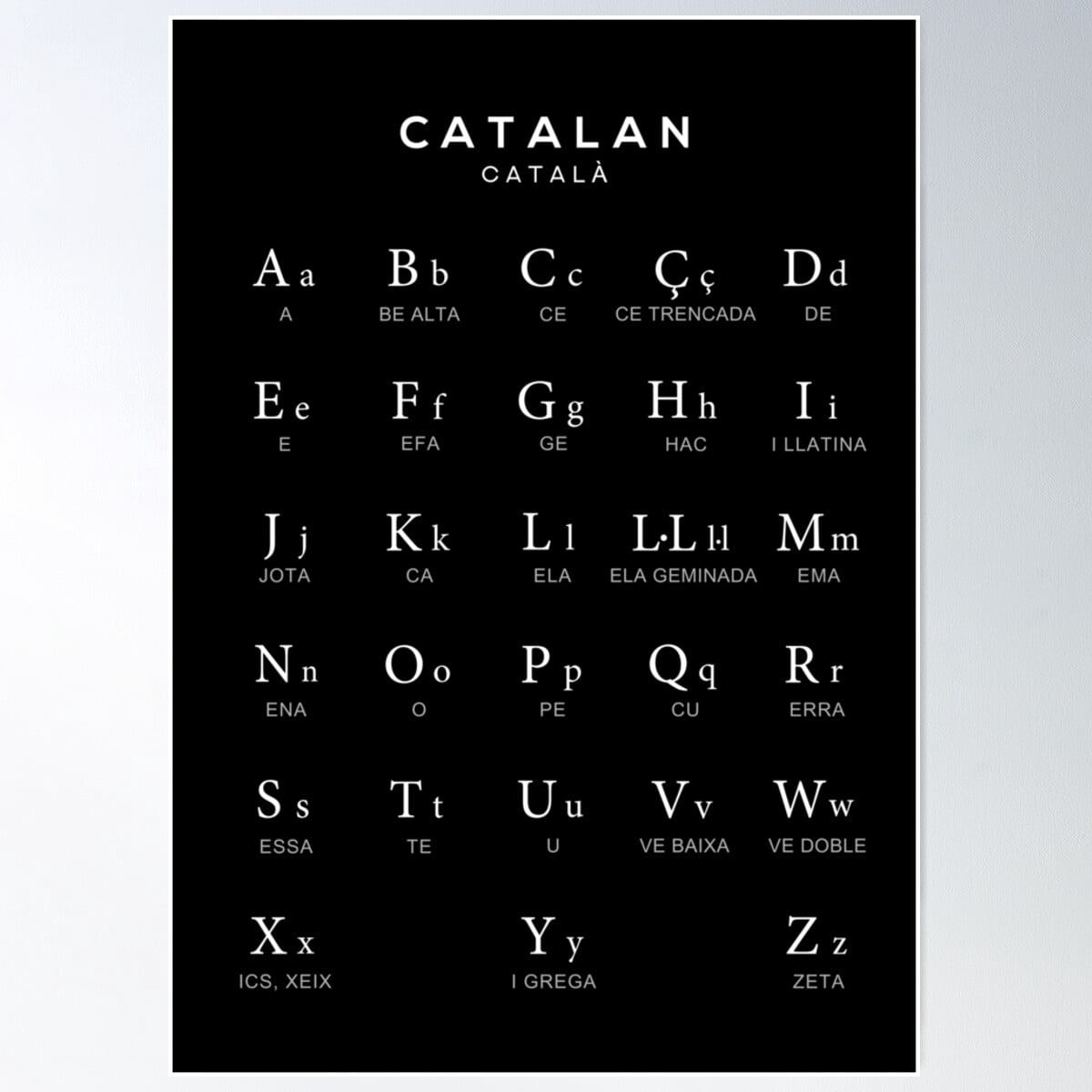 Catalan Alphabet Language Learning Chart - Black Poster Wall Art ...