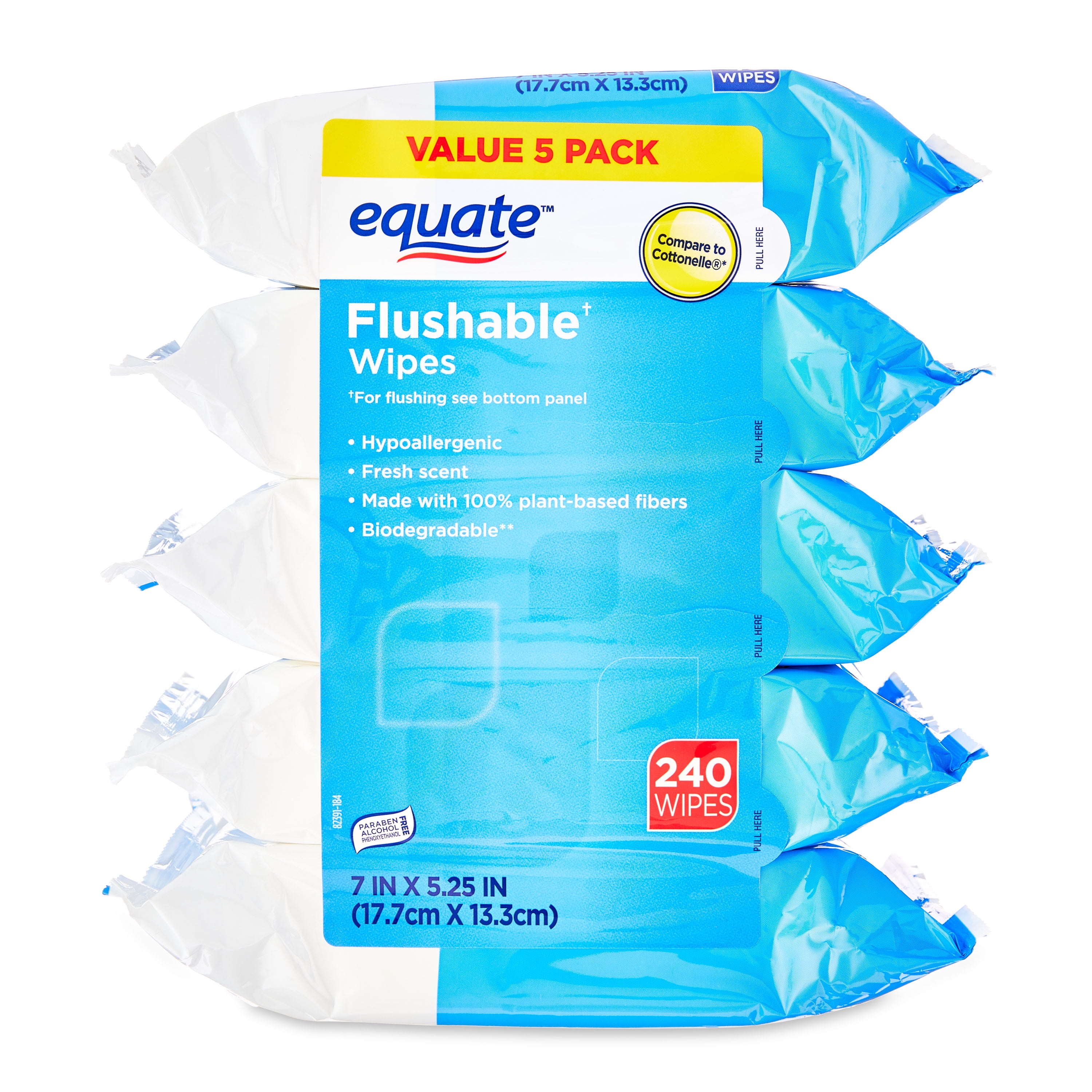 Equate Flushable Wipes, Fresh Scent, 5 packs of 48 wipes, 240 Total ...