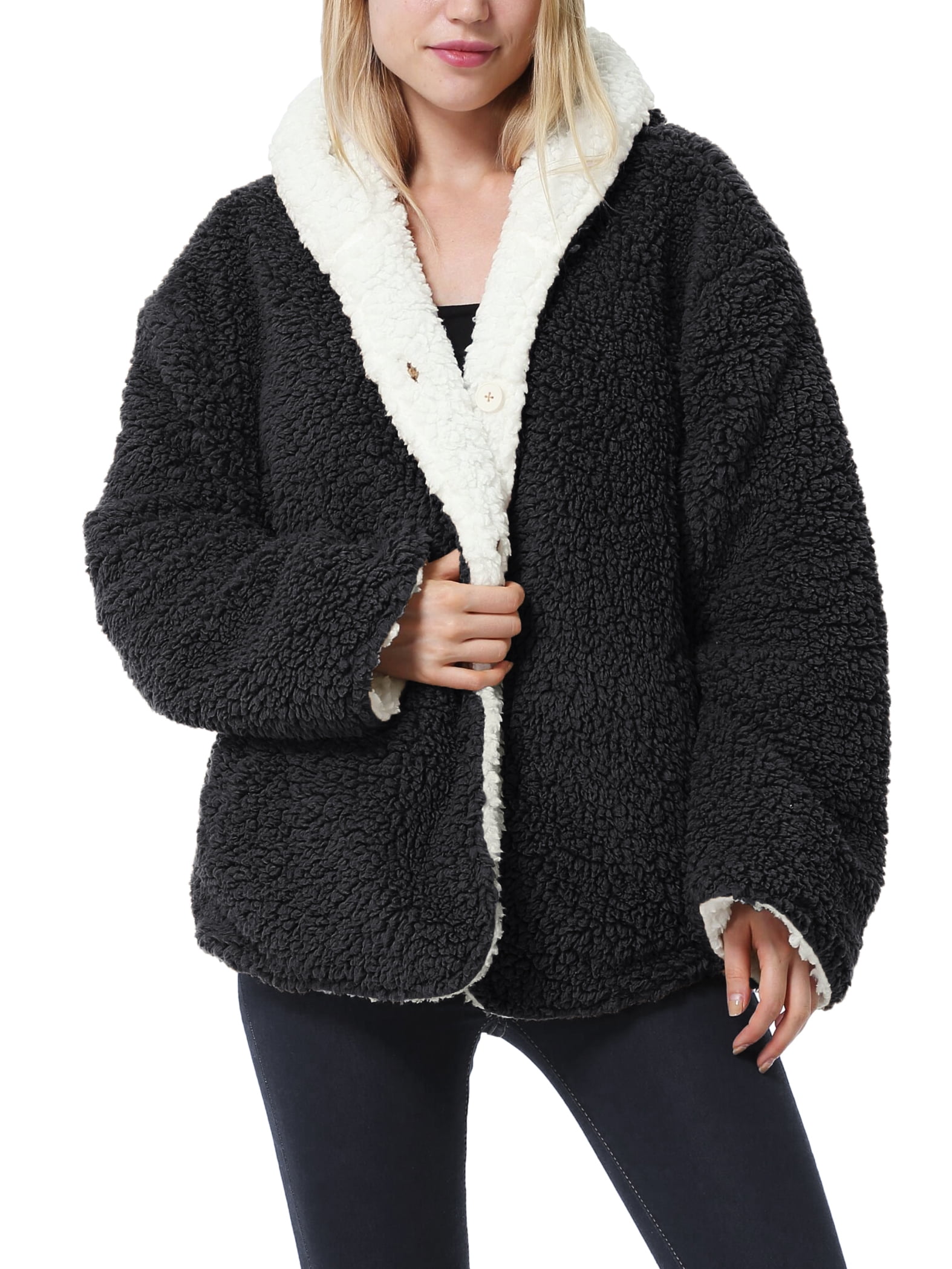 Catalonia Black Sherpa Hooded Winter Coats for Women, Super Soft Comfy ...