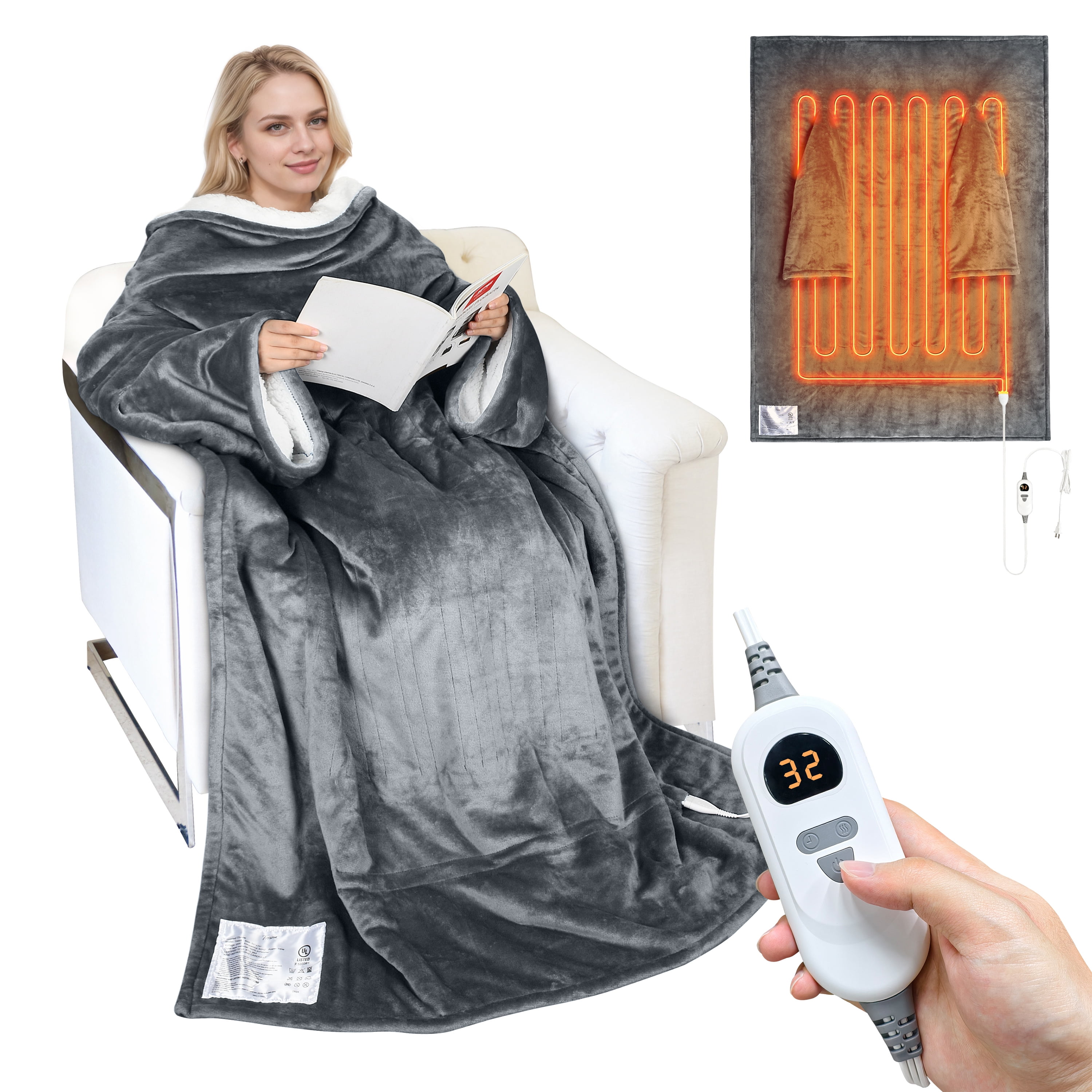 Catalonia Heated Blanket with Sleeves, Electric Snuggle Blanket for ...