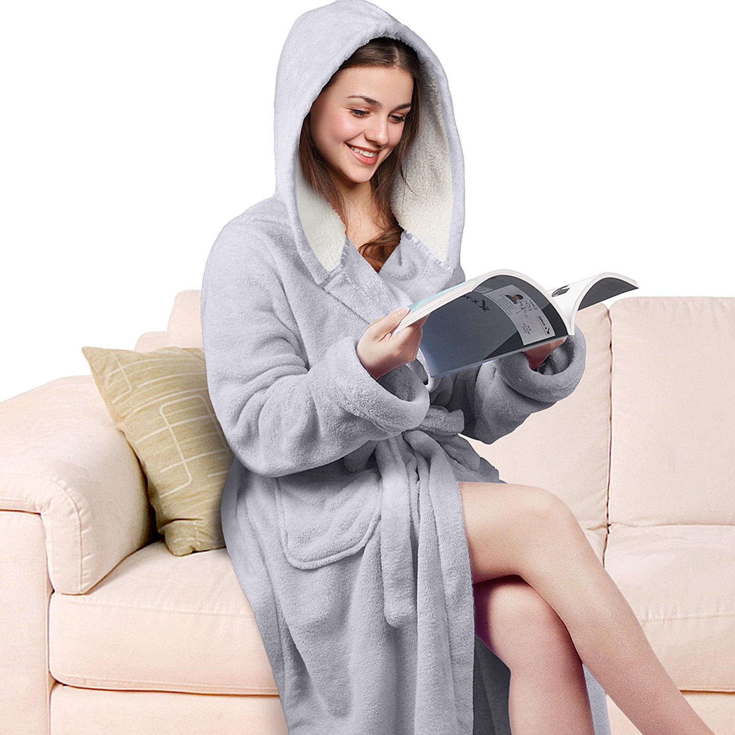 Catalonia Plush Fleece Women's Bathrobe, Hooded Long Warm Fluffy Robe ...