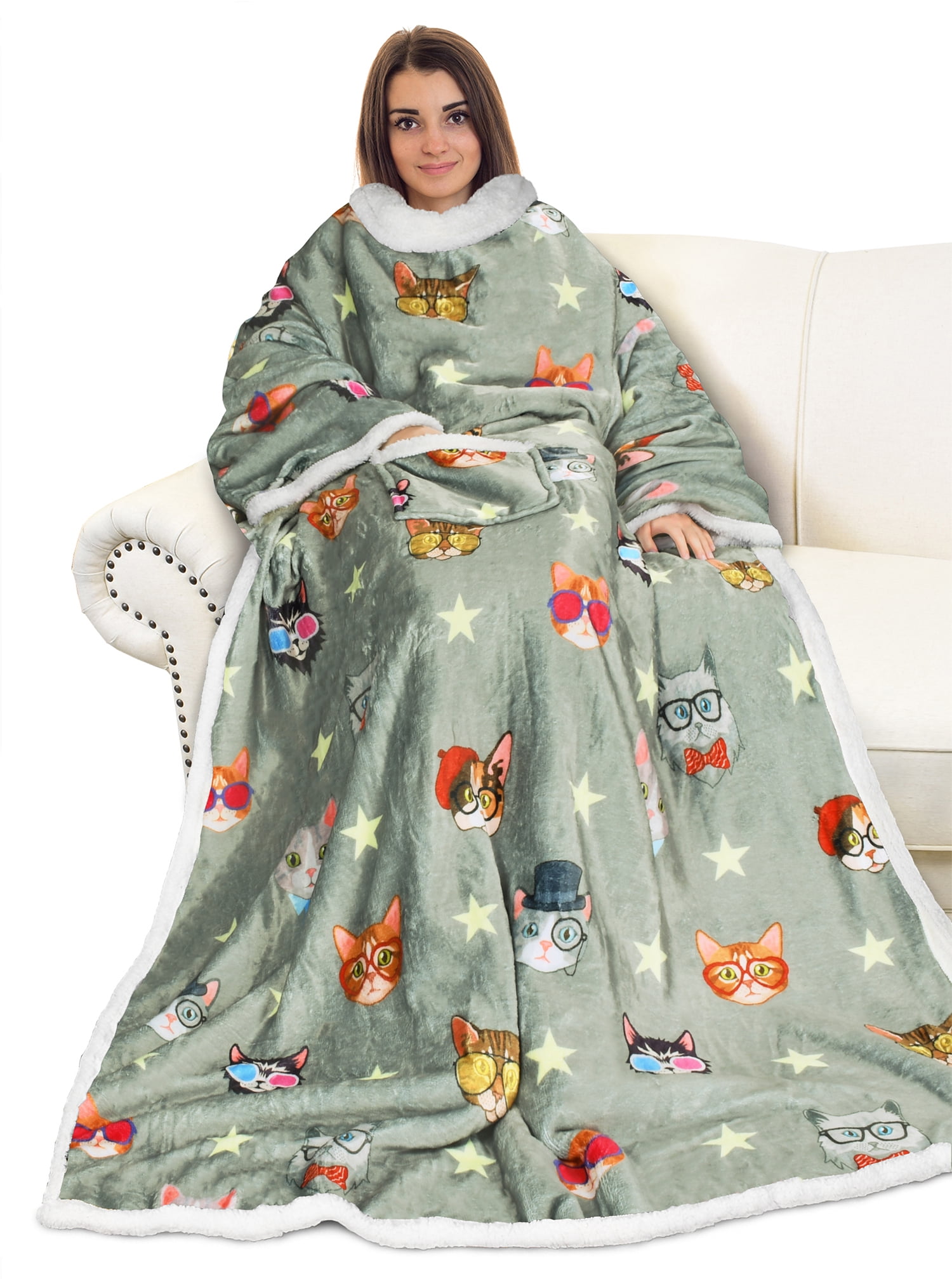 Catalonia Sherpa Wearable Fleece Blanket with Sleeves and Large Pocket ...