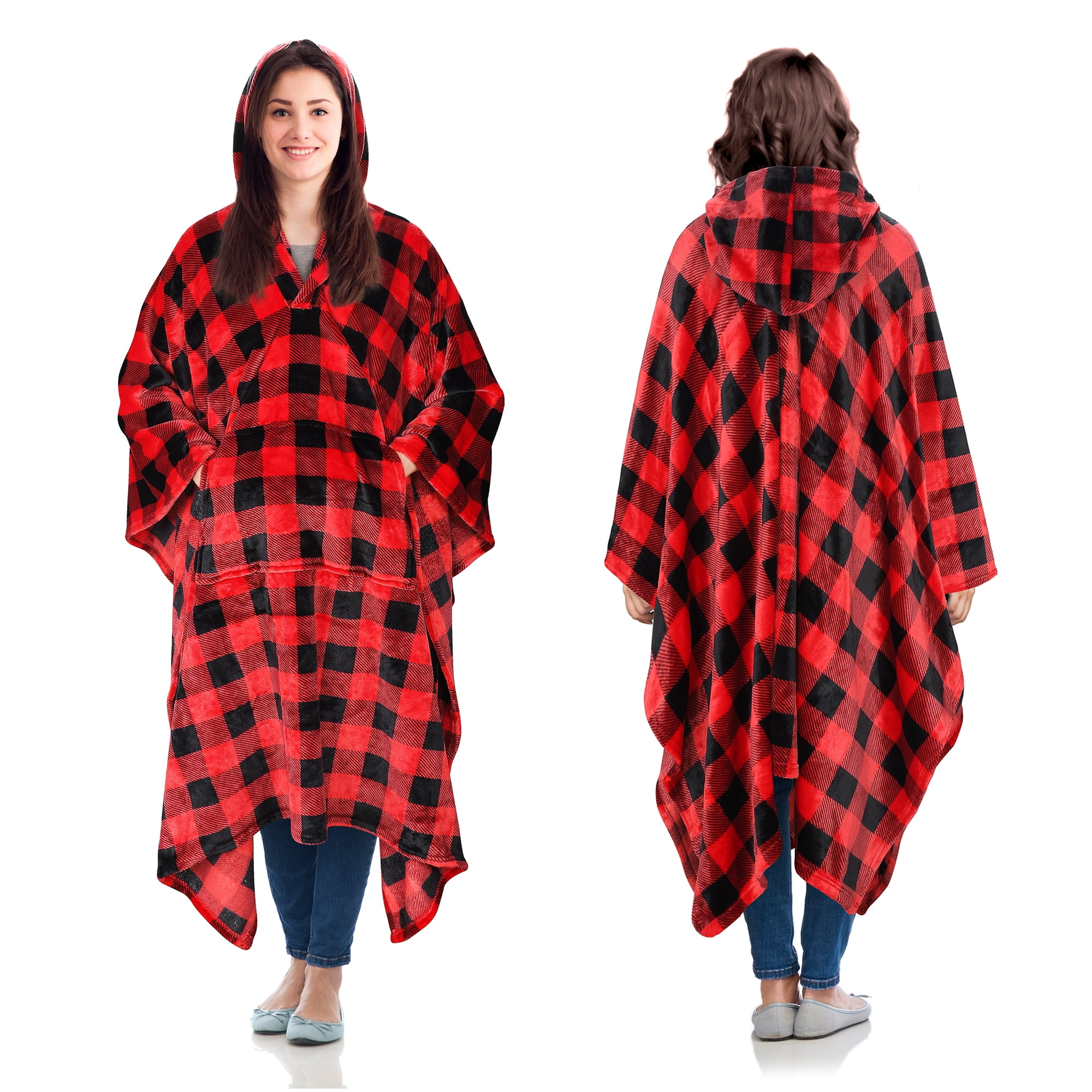 Catalonia Hooded Blanket Poncho, Fleece Wrap Robe with Pocket, Plush ...