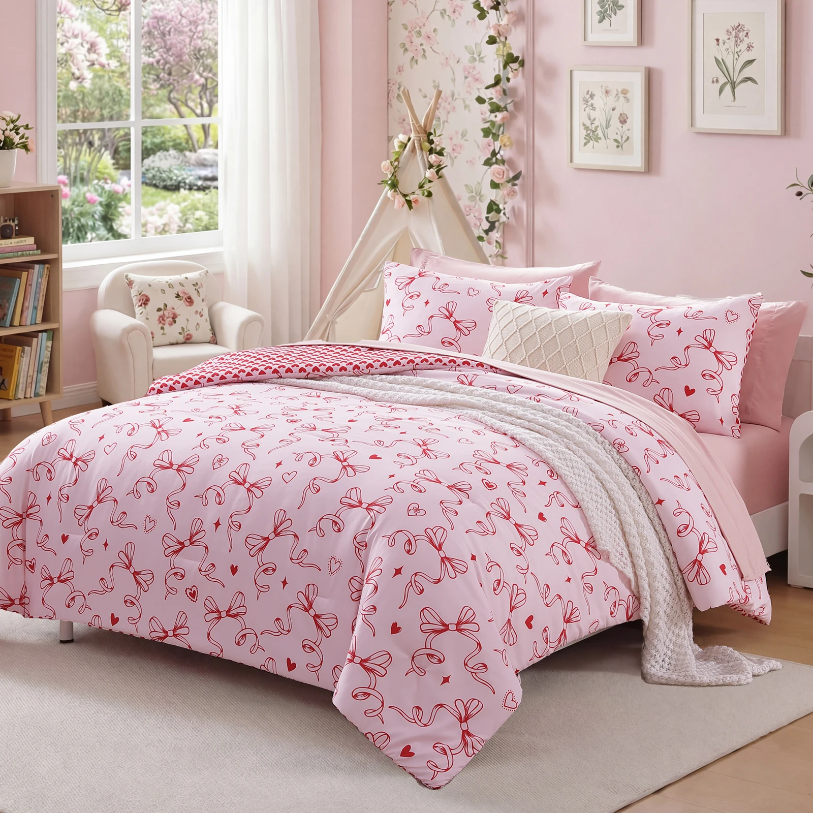 Catami Red Bow 7-piece Bed in a Bag Comforter Set with Sheets ...