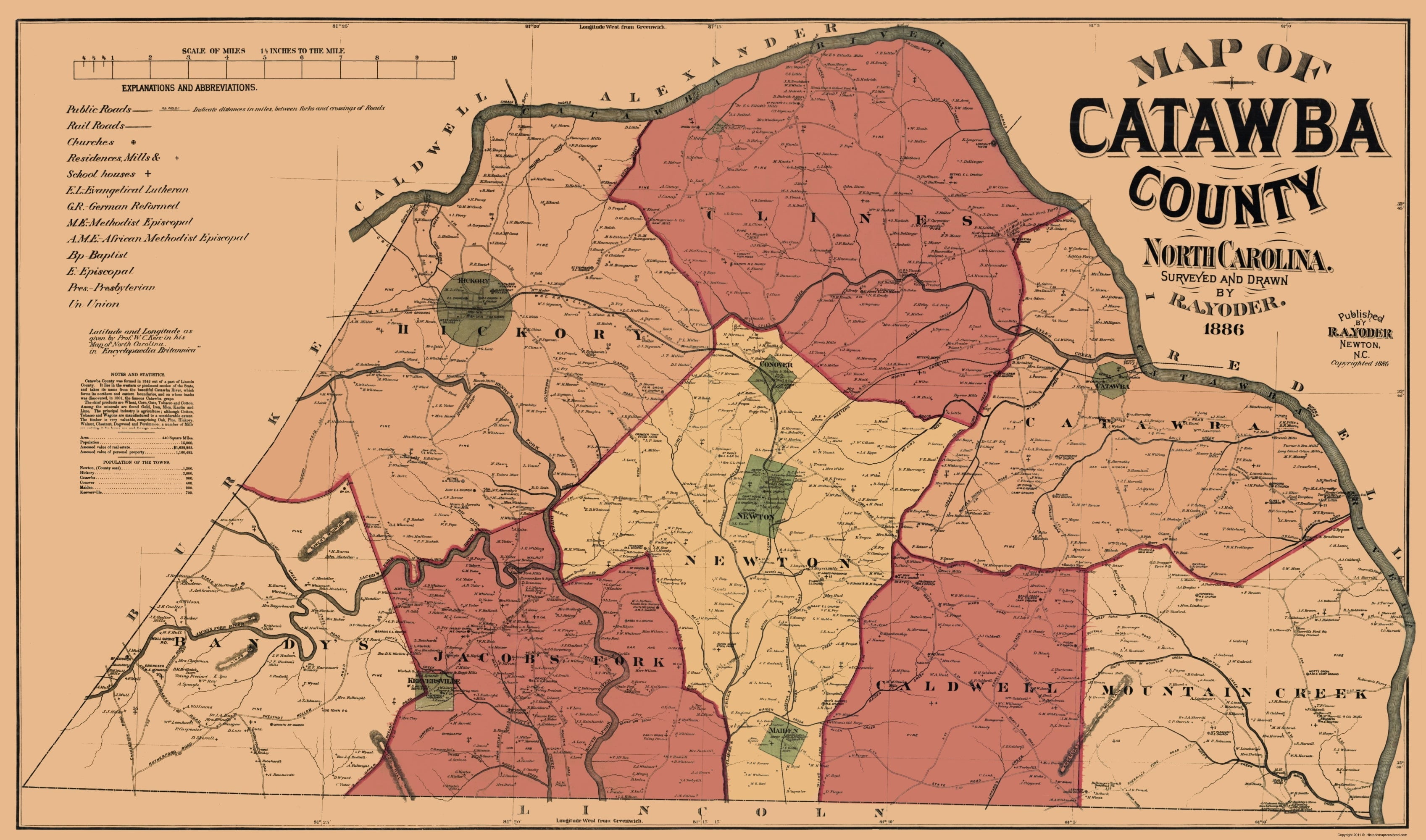 Historic County Map - Catawba County North Carolina - Yoder 1886 - 23 x ...