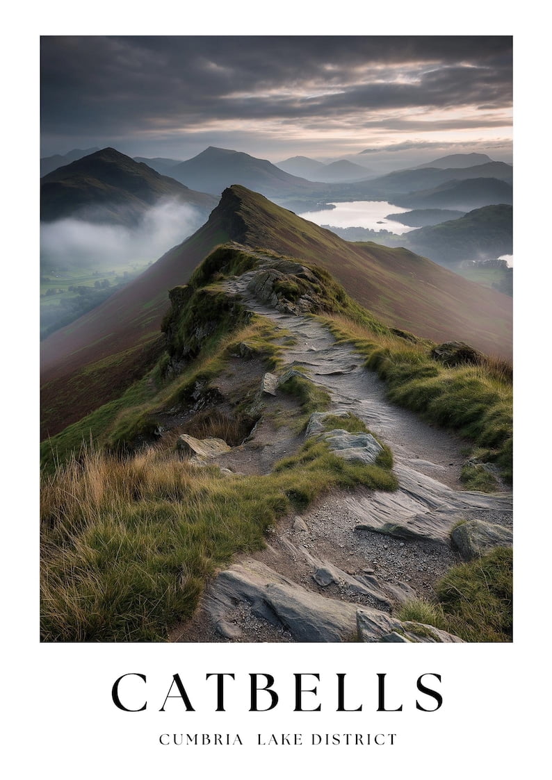 Catbells Lake District Poster Mountain Landscape Wall Art Hiking Trail ...