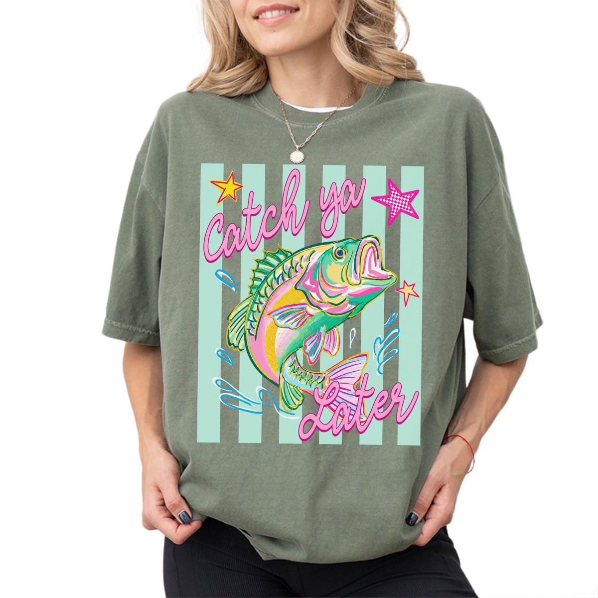 Catch Ya Later Bass Fishing Coastal Graphic Casual T-Shirt for Women ...