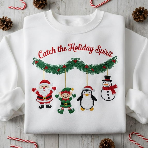 Catch the Holiday Spirit Embroidered Crewneck, Santa Elf Penguin ...
