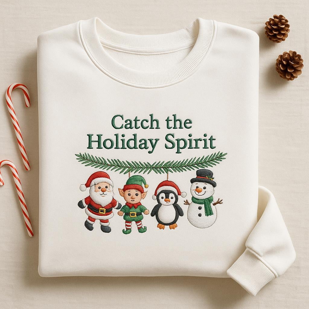 Catch the Holiday Spirit Embroidered Sweatshirt, Santa Elf Penguin ...