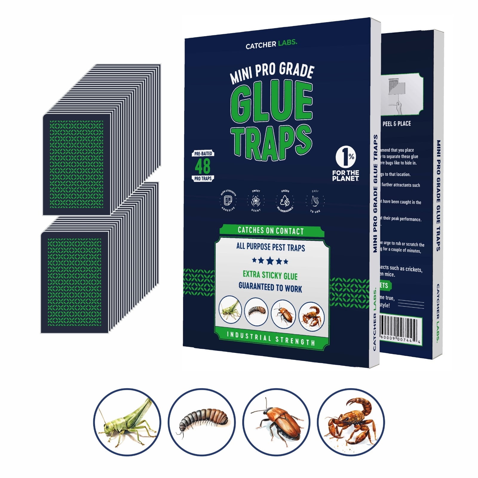 Catcher Labs Mini Glue Traps (48 Traps) Non-Toxic Extra Sticky Glue ...