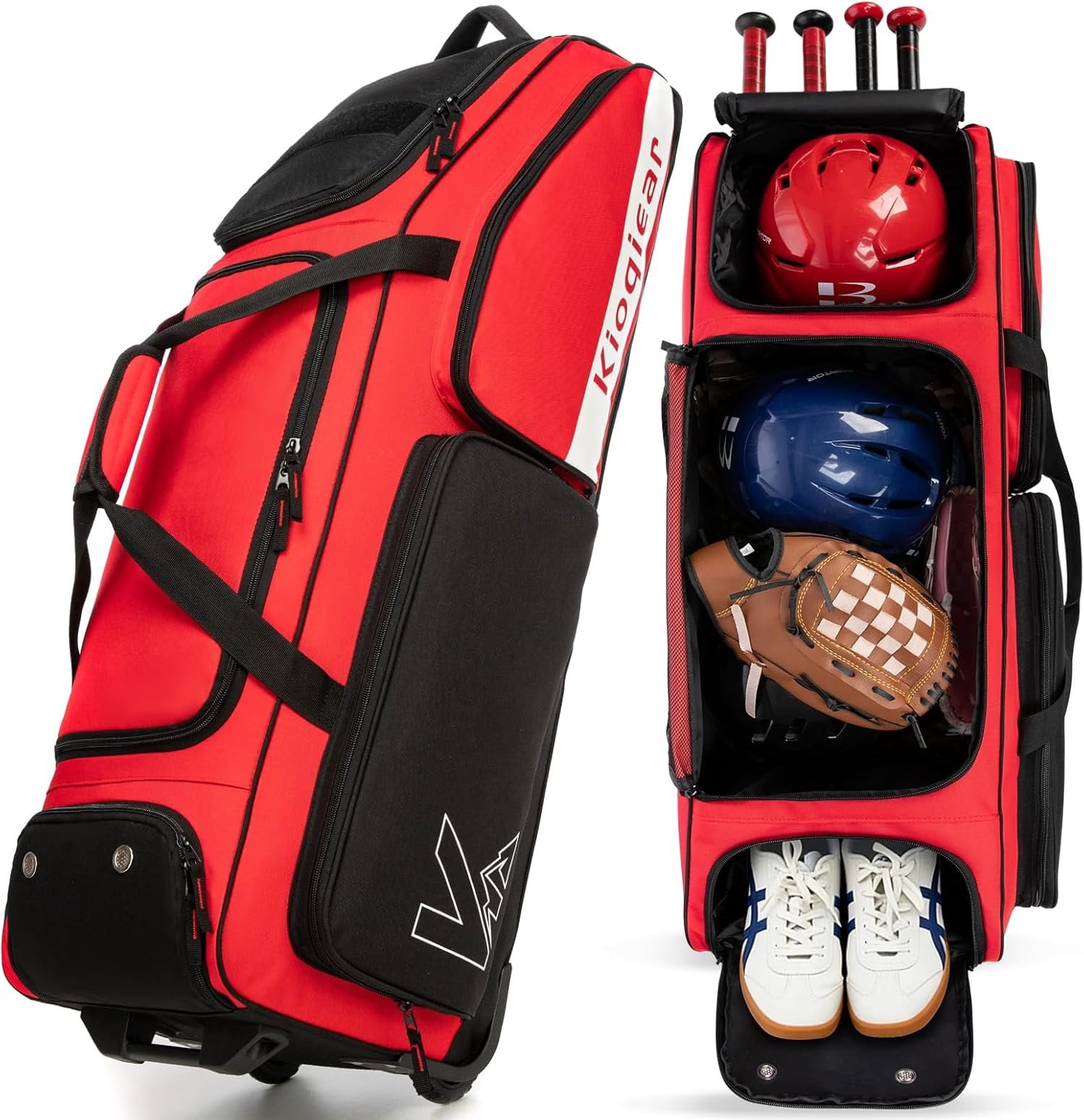 Catchers Gear Bag with Wheels for 4 Bats, Rolling Baseball Softball Bag ...