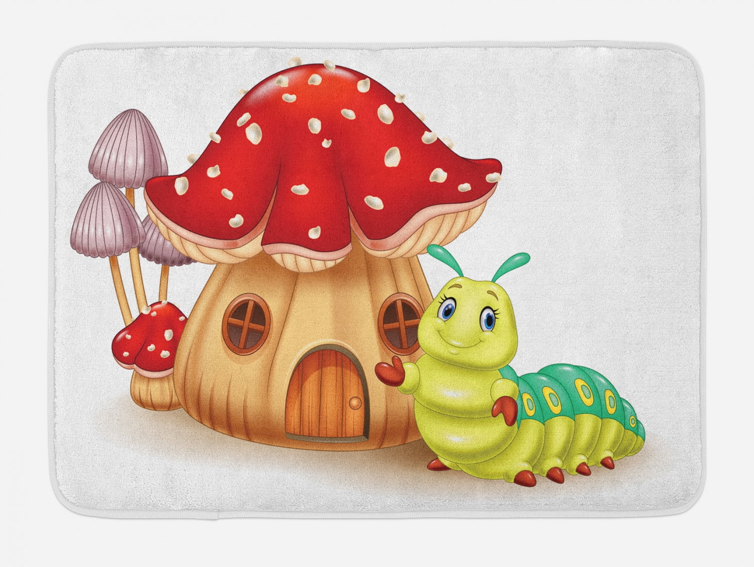 Caterpillar Bath Mat, Mushroom House with Bug Cartoon Illustration ...