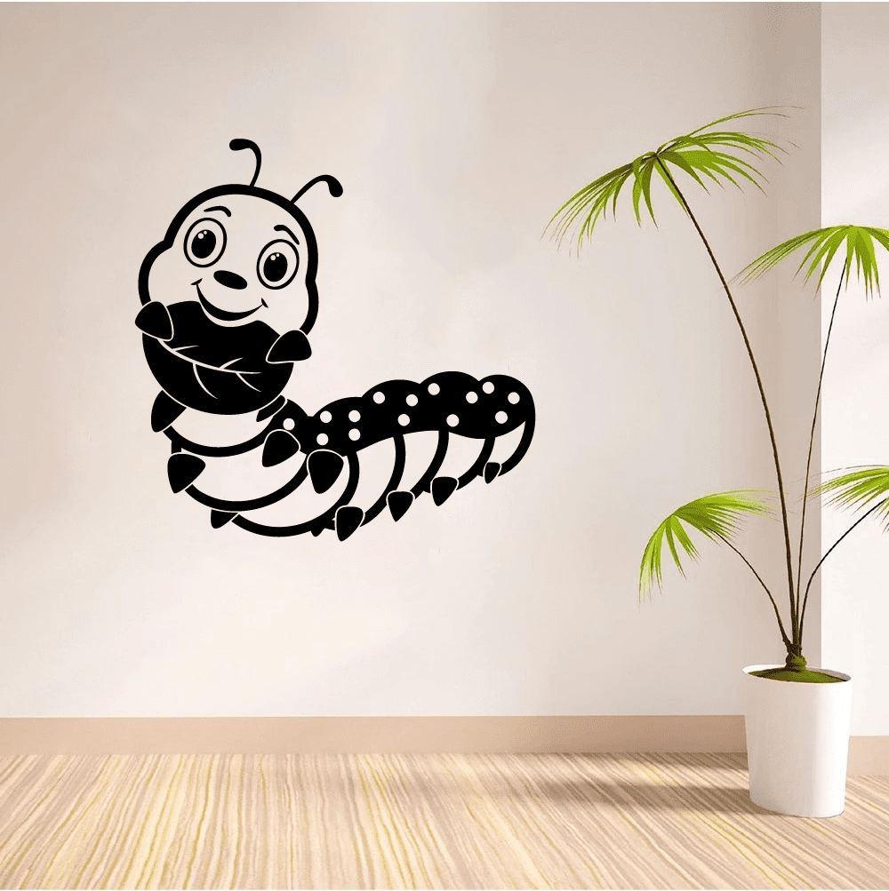 Caterpillar Cute Face Eating Leaf Silhouette Cartoon Vinyl Wall Art ...