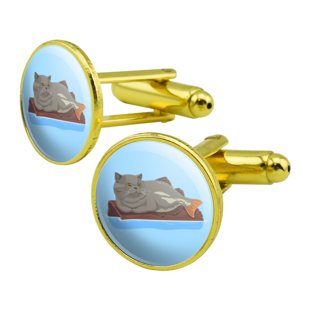 Catfish Mercat Cat Mermaid Sitting On Log Round Cufflink Set Gold Color ...