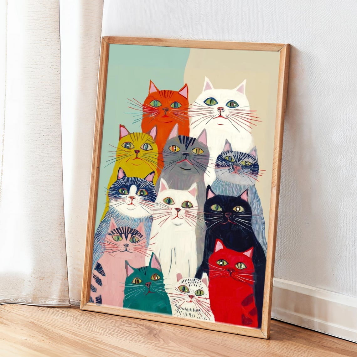 Catful Wall Art, Colorful Cat Print, Whimsical Feline Print For Home ...