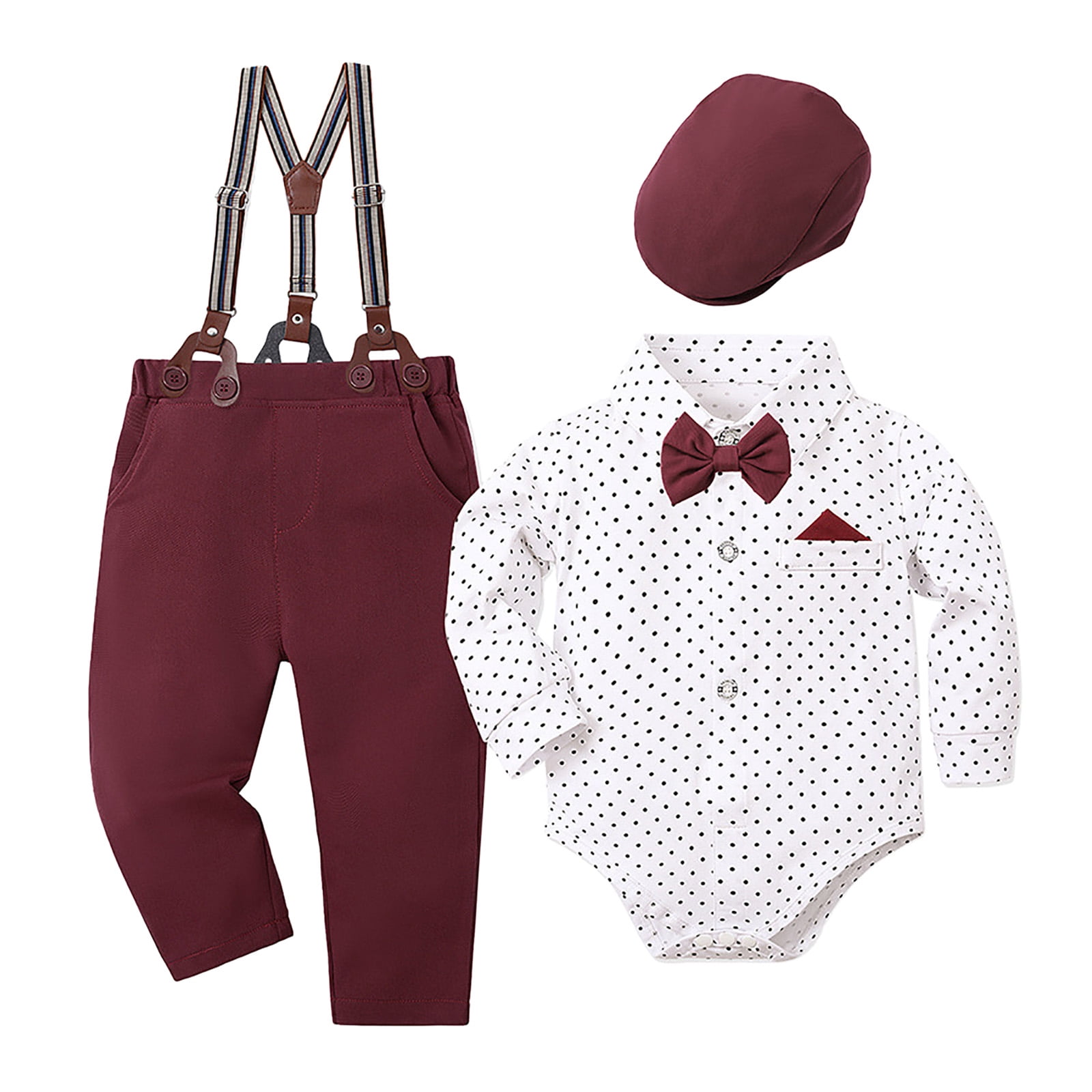 Cathalem Baby Boy Clothes Suits Gentleman Romper Beret Hat Suspender ...