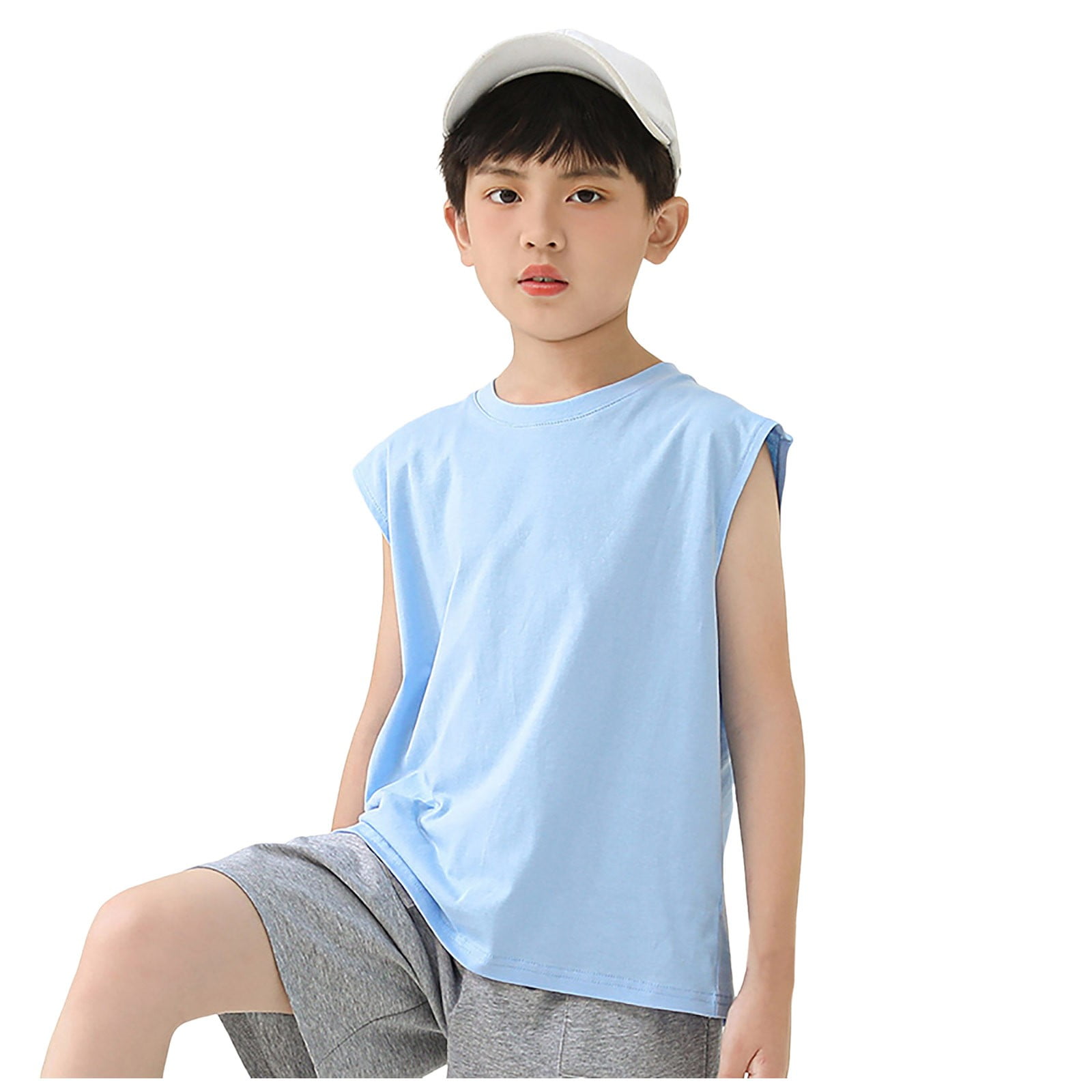 Cathalem Boys Sleeveless Shirt Boy's Sleeveless Crew Neck Casual Solid ...