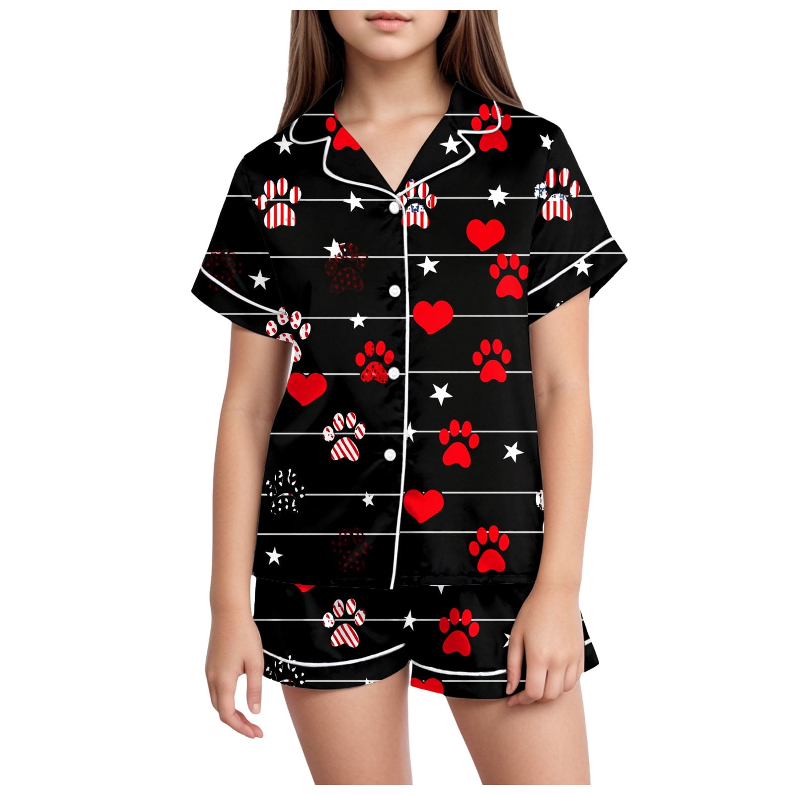 Cathalem Girls Satin Silky Button Pajama Summer Short Sleeves Set ...