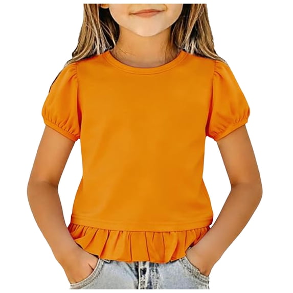 Cathalem Teen Girls Cotton Shirts Puff Short Sleeve Ruffle Hem Plain ...