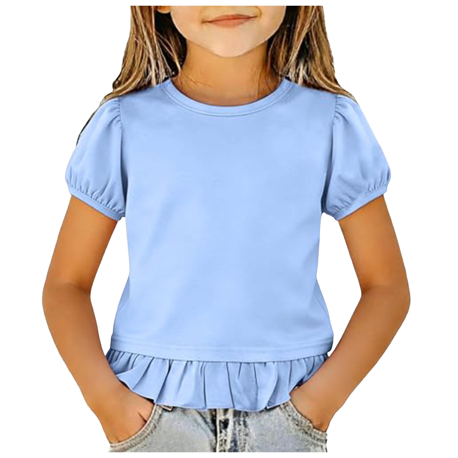 Cathalem Teen Girls Cotton Shirts Puff Short Sleeve Ruffle Hem Plain ...