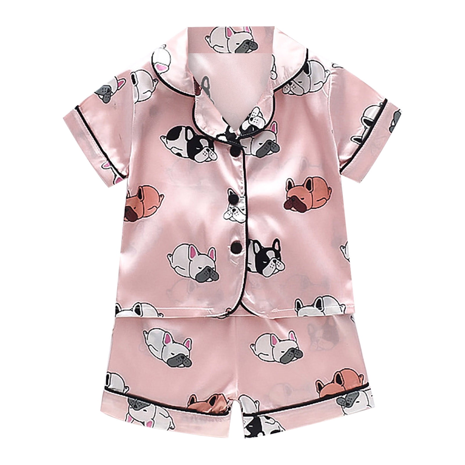Cathalem Toddler Girls Satin 𝐏a𝐣amas Set Baby Cartoon Print 𝐏𝐣s Button ...