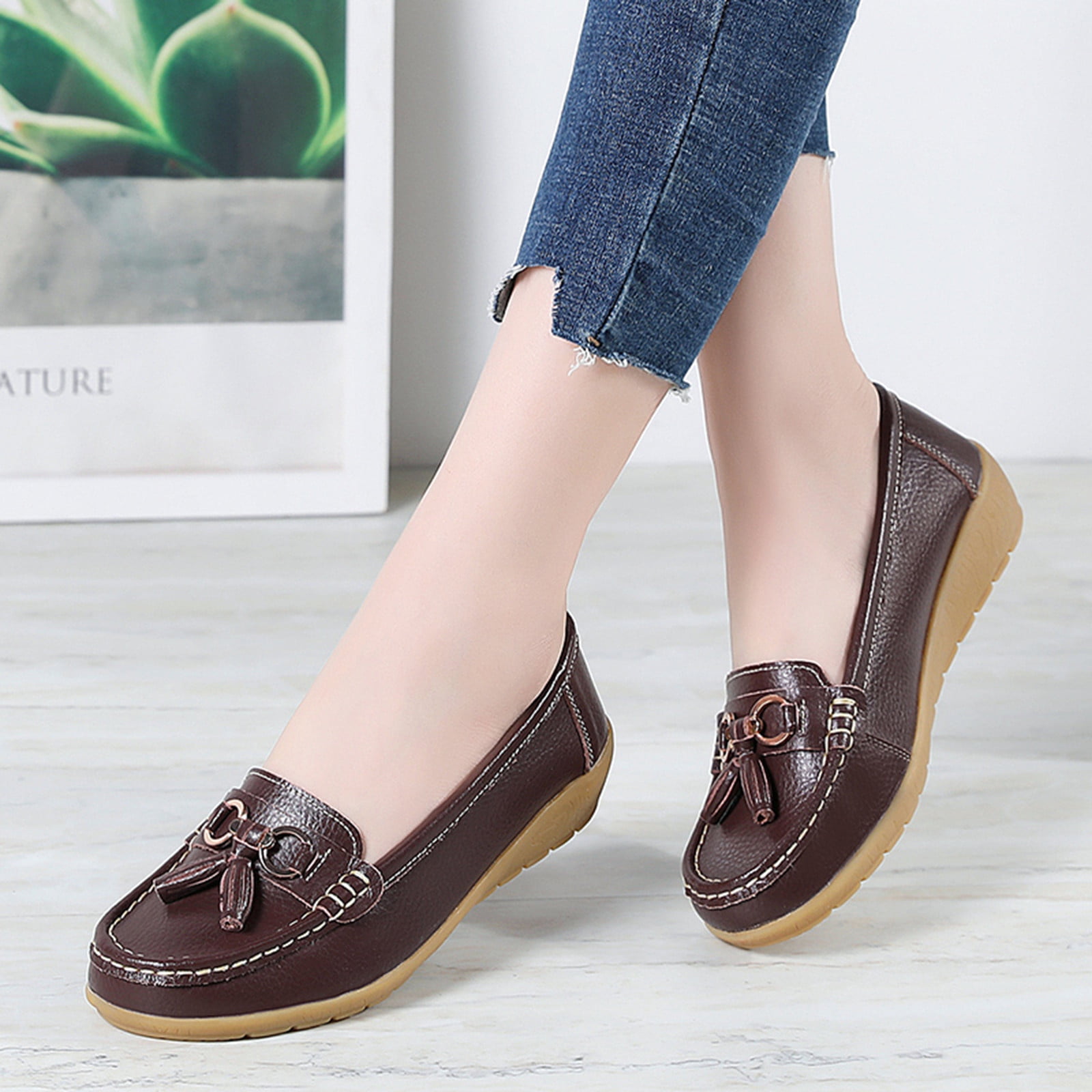 Cathalem Womens Comfort Walking Flat Loafer Slip On Leather Loafer ...