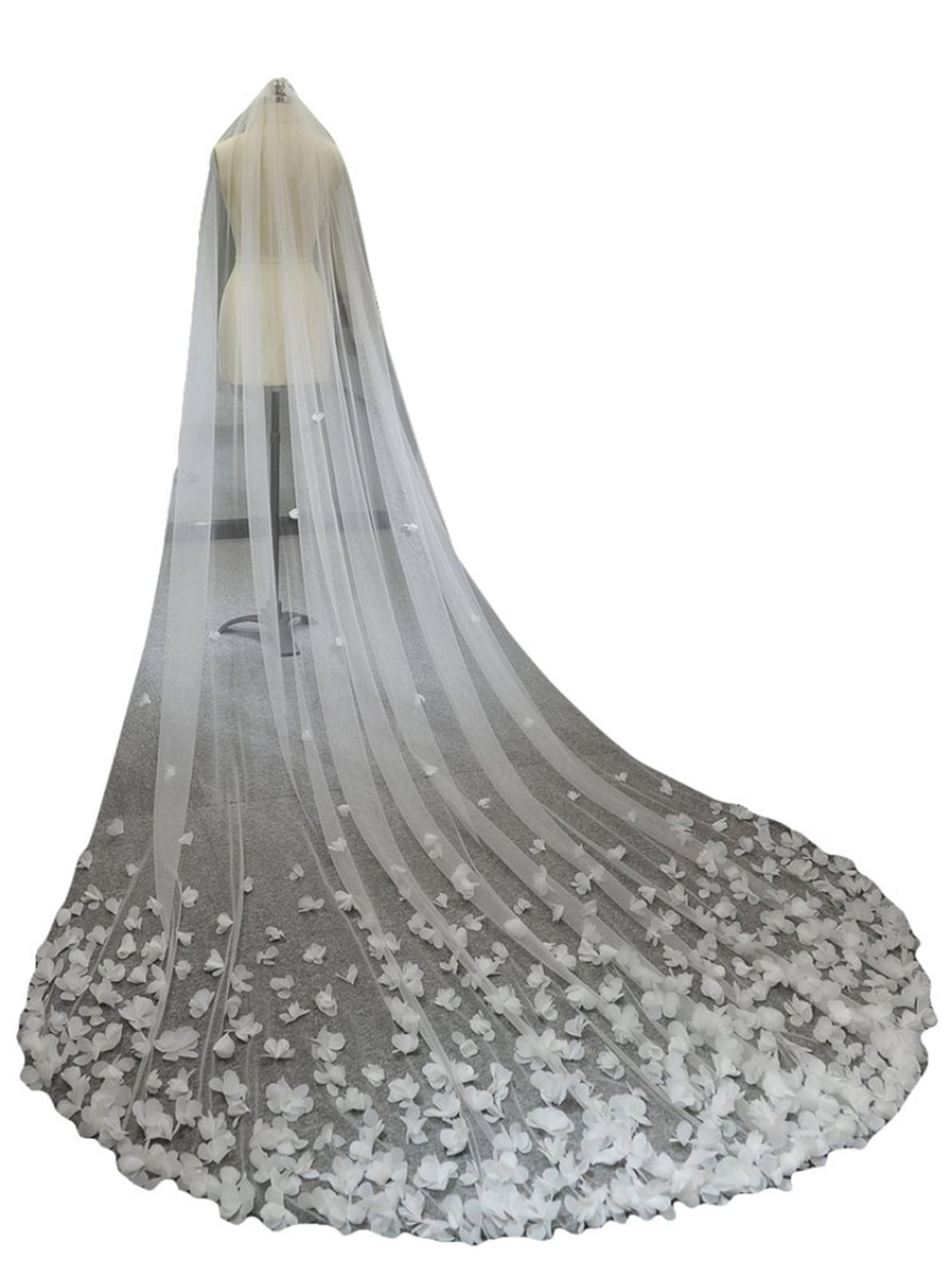 Cathedral Bridal Veil with Floral Appliqués and Trim, 1-Layer Long ...