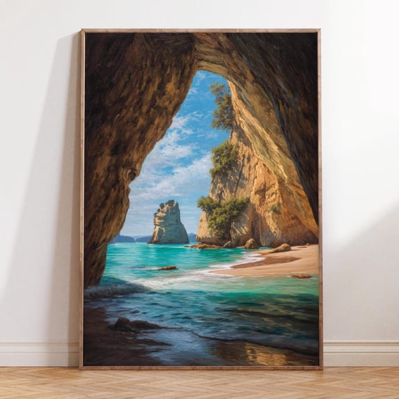 Cathedral Cove New Zealand Coastal Seascape Wall Art, Stretched Canvas ...
