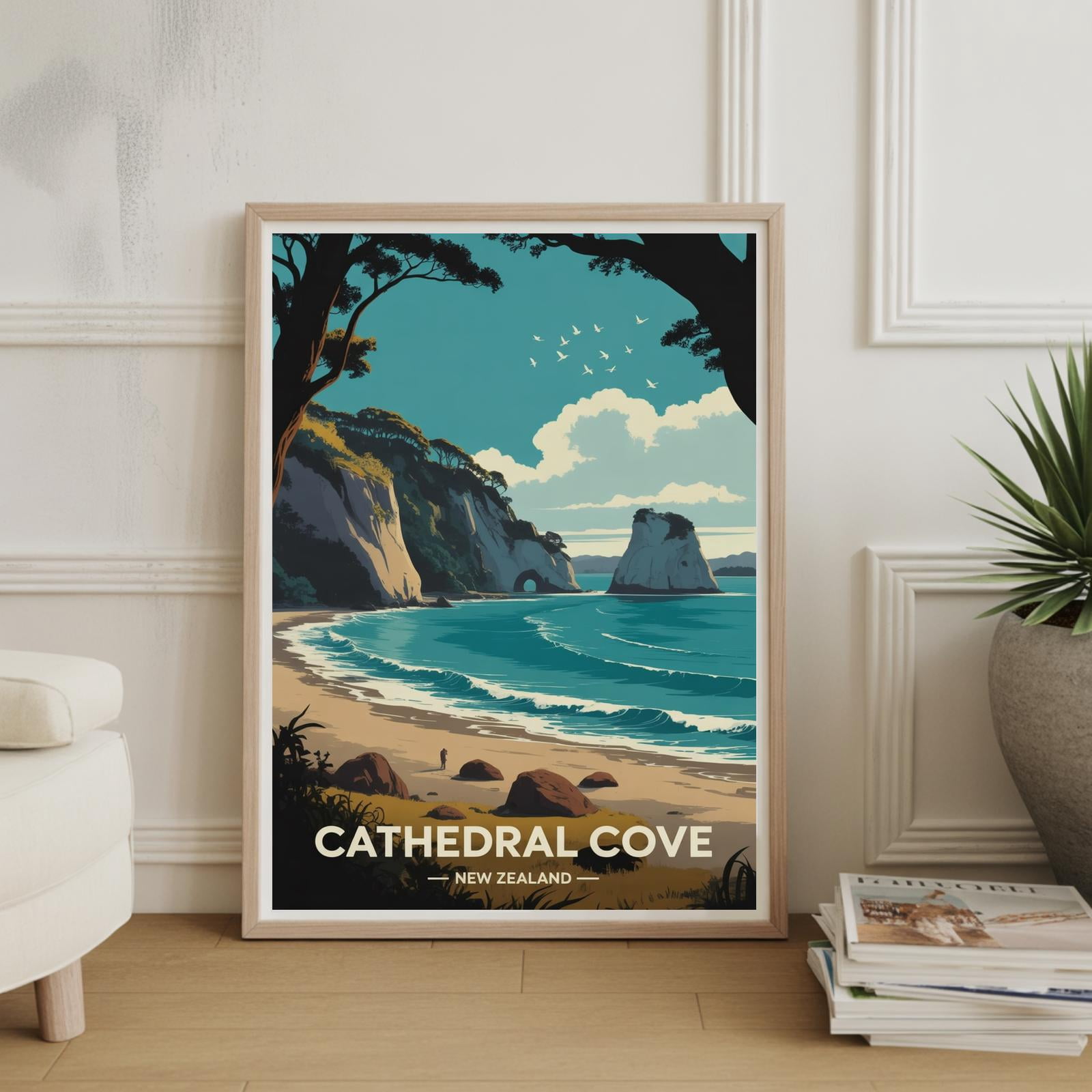 Cathedral Cove New Zealand Travel Poster, Coastal Landscape Art Print ...