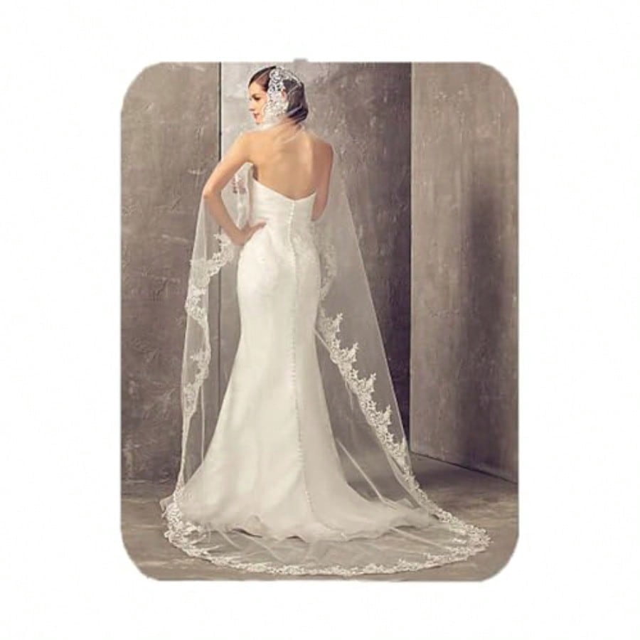 Cathedral Wedding Veil 1 Tier Lace Applique Bridal Veil Long Tulle Veil ...