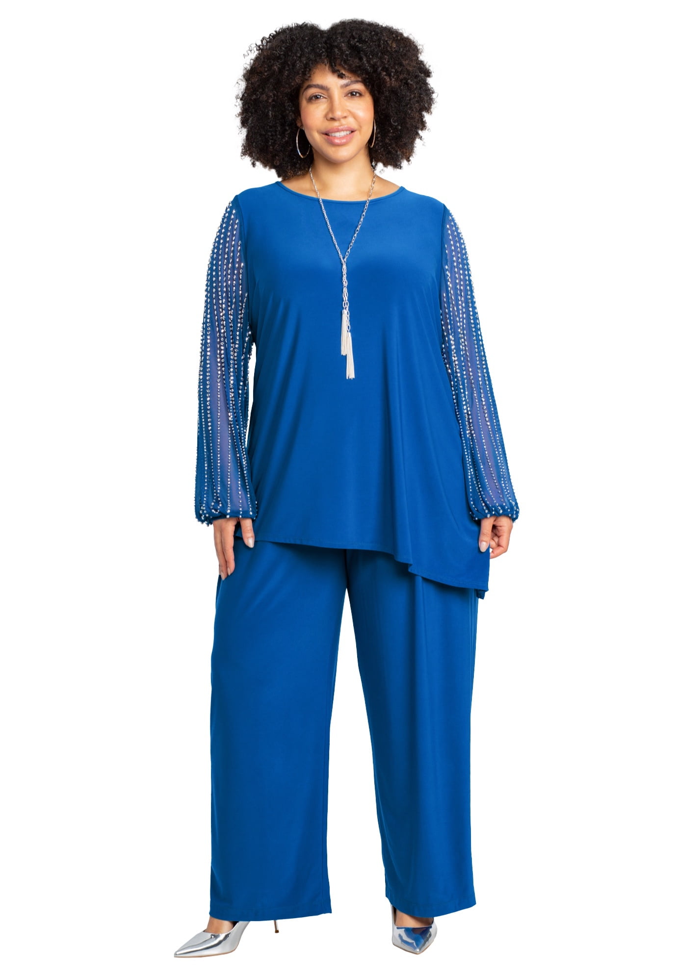 Catherines Women's Plus Size 2-Piece Beaded Mesh Sleeve Pant Suit ...