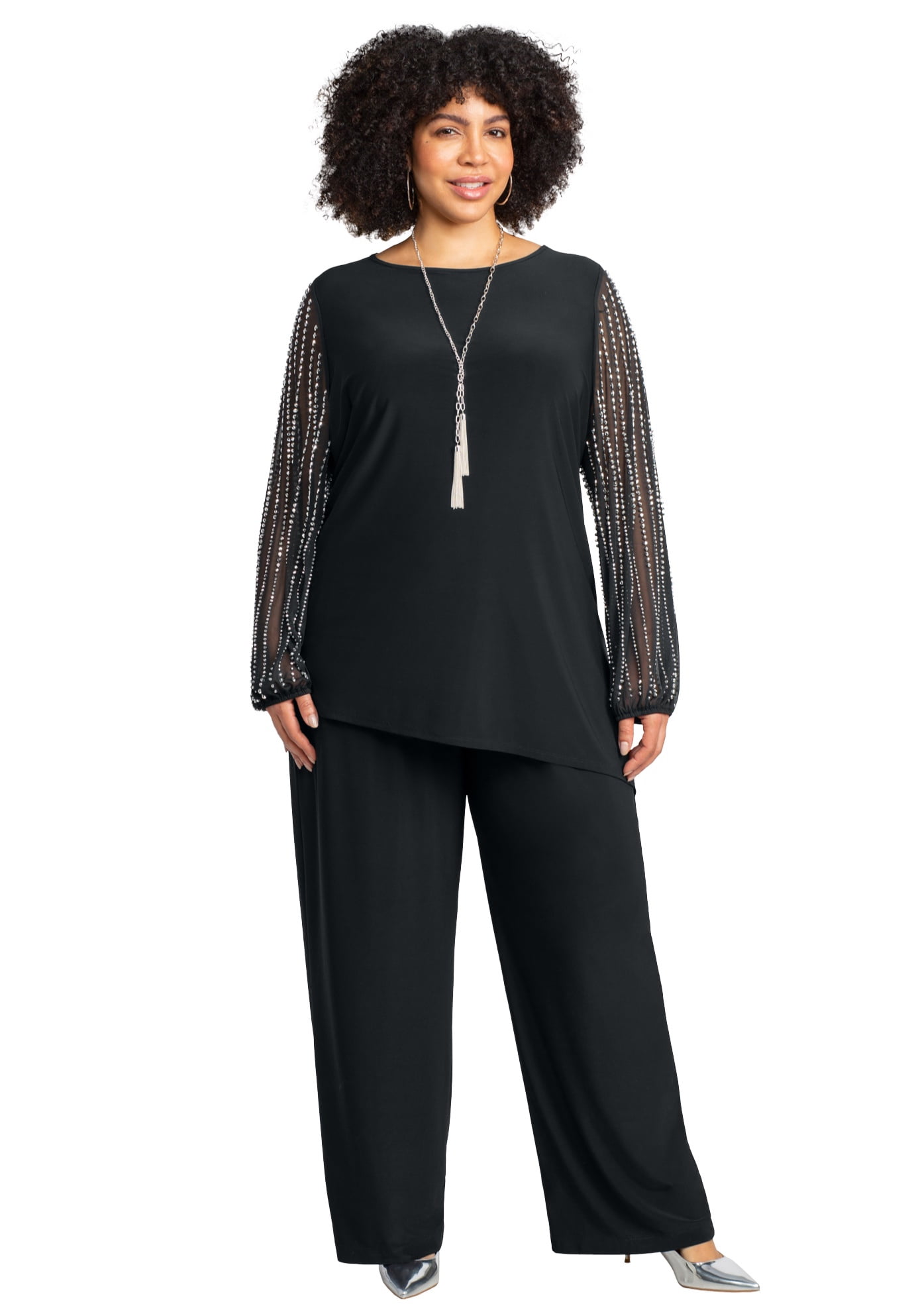 Catherines Women's Plus Size 2-Piece Beaded Mesh Sleeve Pant Suit ...