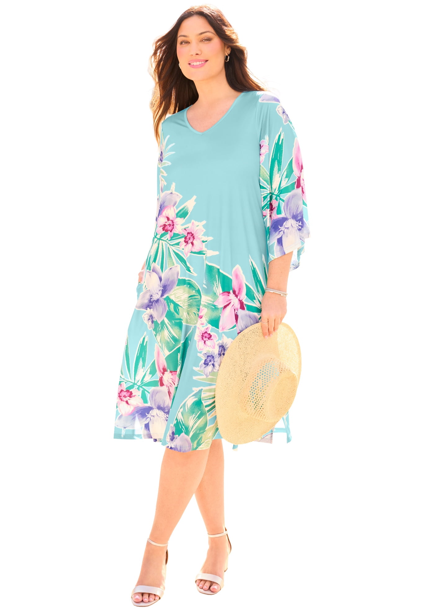 Catherines Women's Plus Size Angel Sleeve V-Neck Shift Dress - Walmart.com