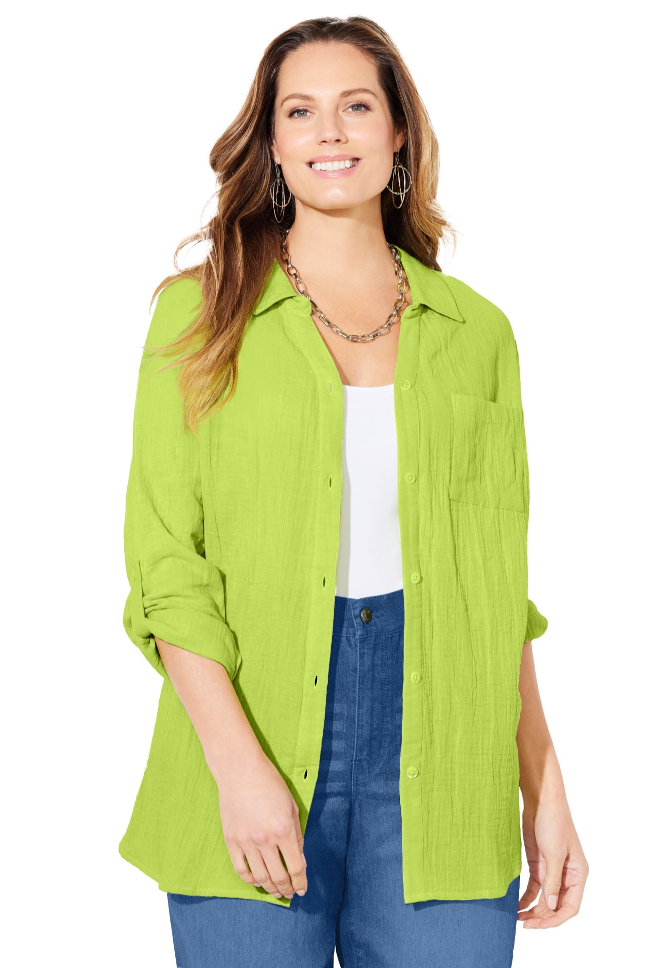 Catherines Women's Plus Size Anywear Pucker Cotton Buttonfront Roll Tab ...